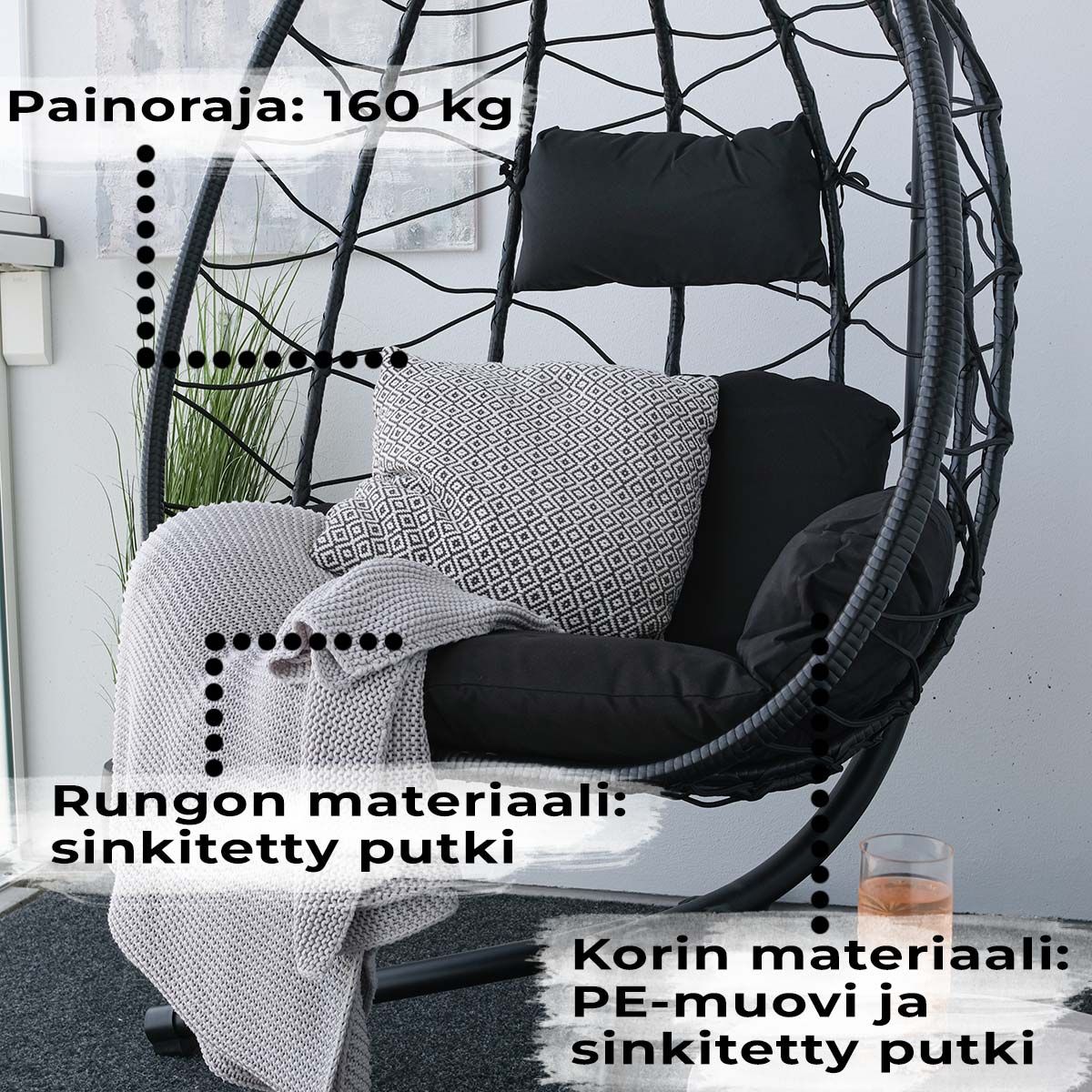 Lykke riipputuoli, musta | ALE - hobbybox.fi
